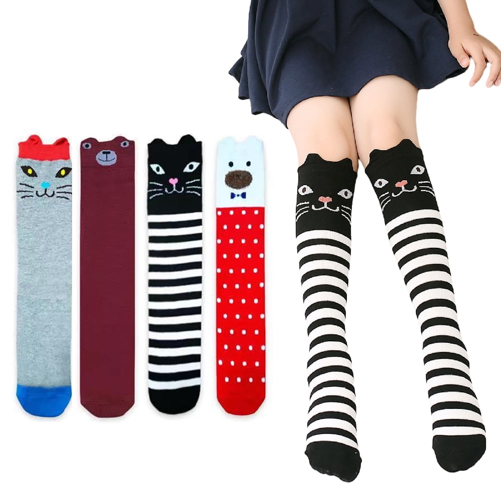 KYAIGUO 4 Pairs Girls Knee High Socks - Cat Ears Cartoon Mid-Calf Boot ...