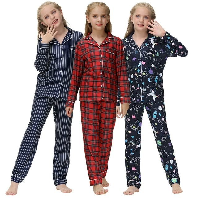KYAIGUO 5-14 Years Girls Boys Satin Pajamas Set,2PCS Long Sleeve Silky ...