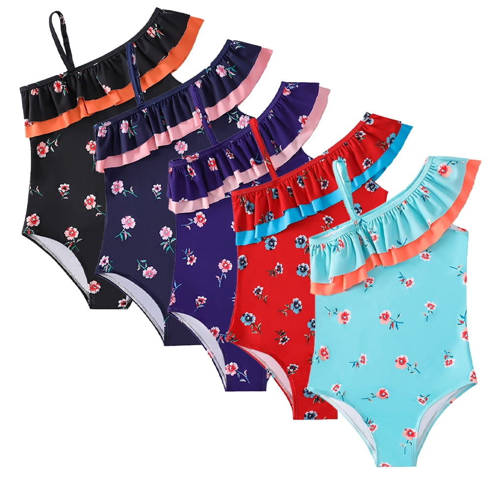 KYAIGUO Kids Girls One Shoulder Swimsuit Toddler Ruffled Floral Bathing ...