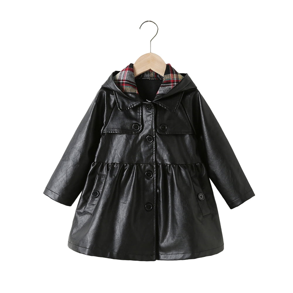 KYAIGUO Kids Girls Spring Hooded Jacket Coat Waterproof Leather Jackets Mid-Length Coat PU Soft ...