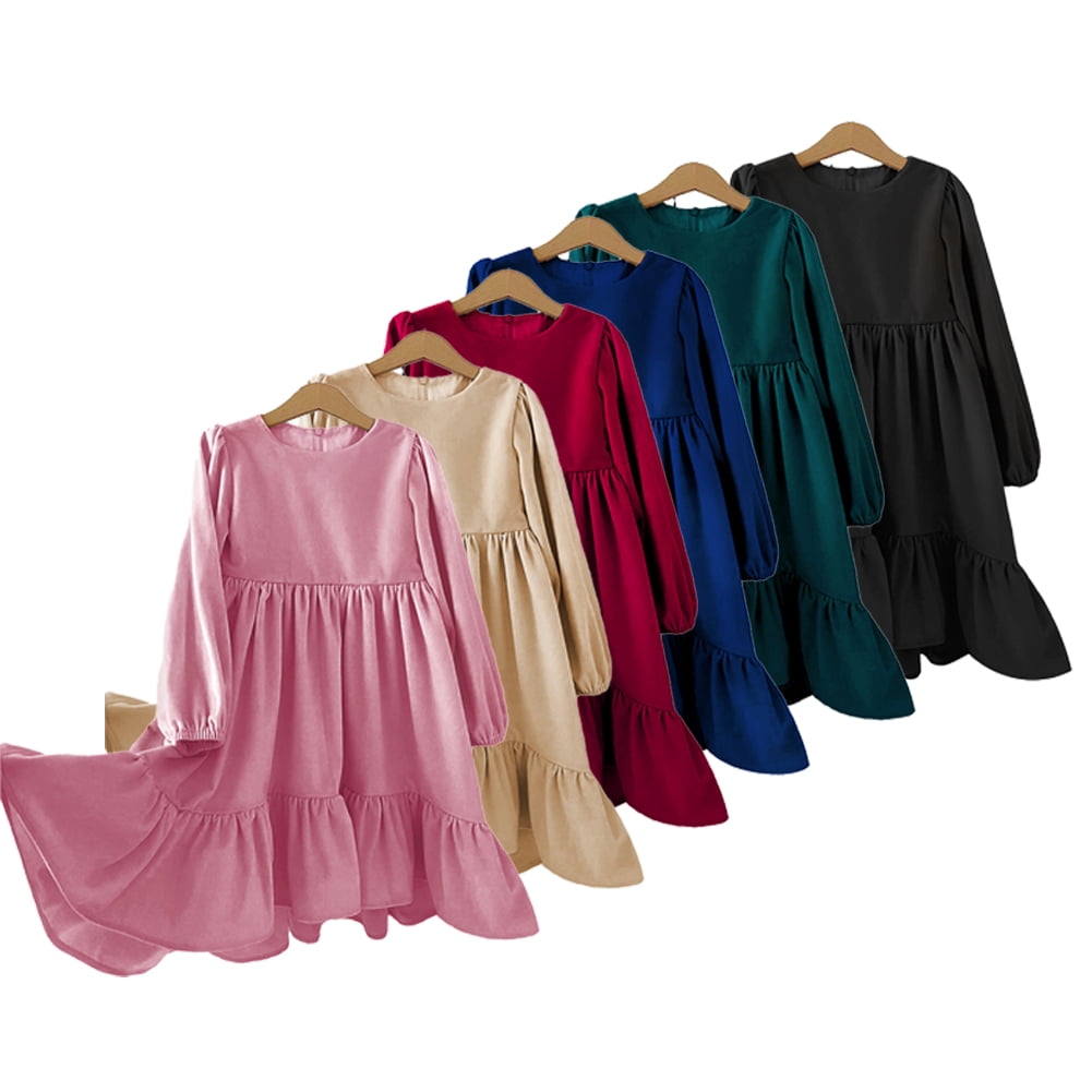 KYAIGUO Kids Girls Velvet Dress Crewneck Ruffle Dresses Long Sleeve ...