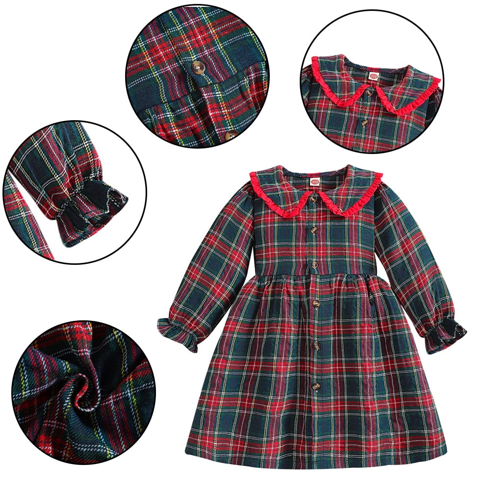 KYAIGUO Kids Toddler Girls Plaid Dress Spring Flare Sleeve Peter Pan ...
