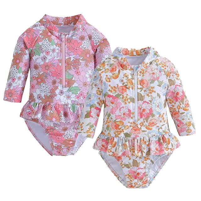 KYAIGUO Toddler Baby Girls One Piece Swimsuit Long Sleeve Rash Guard Swimwear Summer Bathing ...