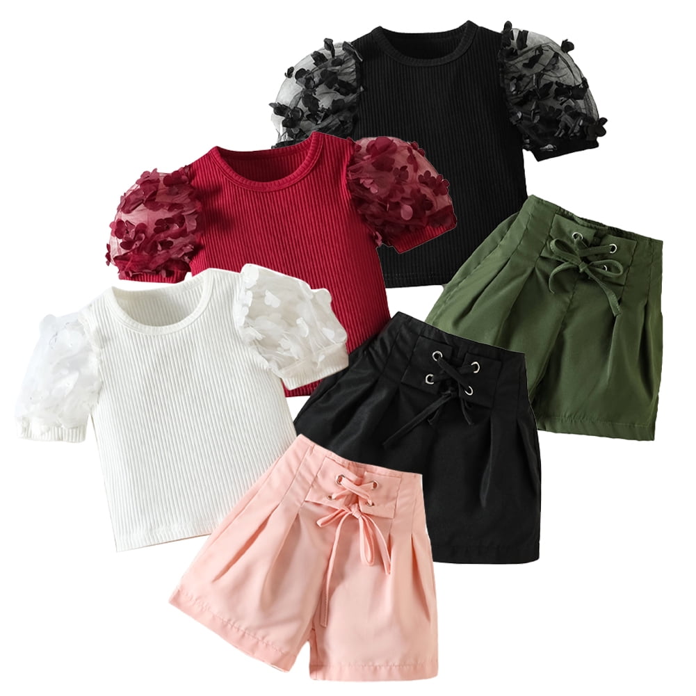 KYAIGUO Toddler Baby Girls Puff Sleeve Crewneck T-Shirt Tops with Tie ...