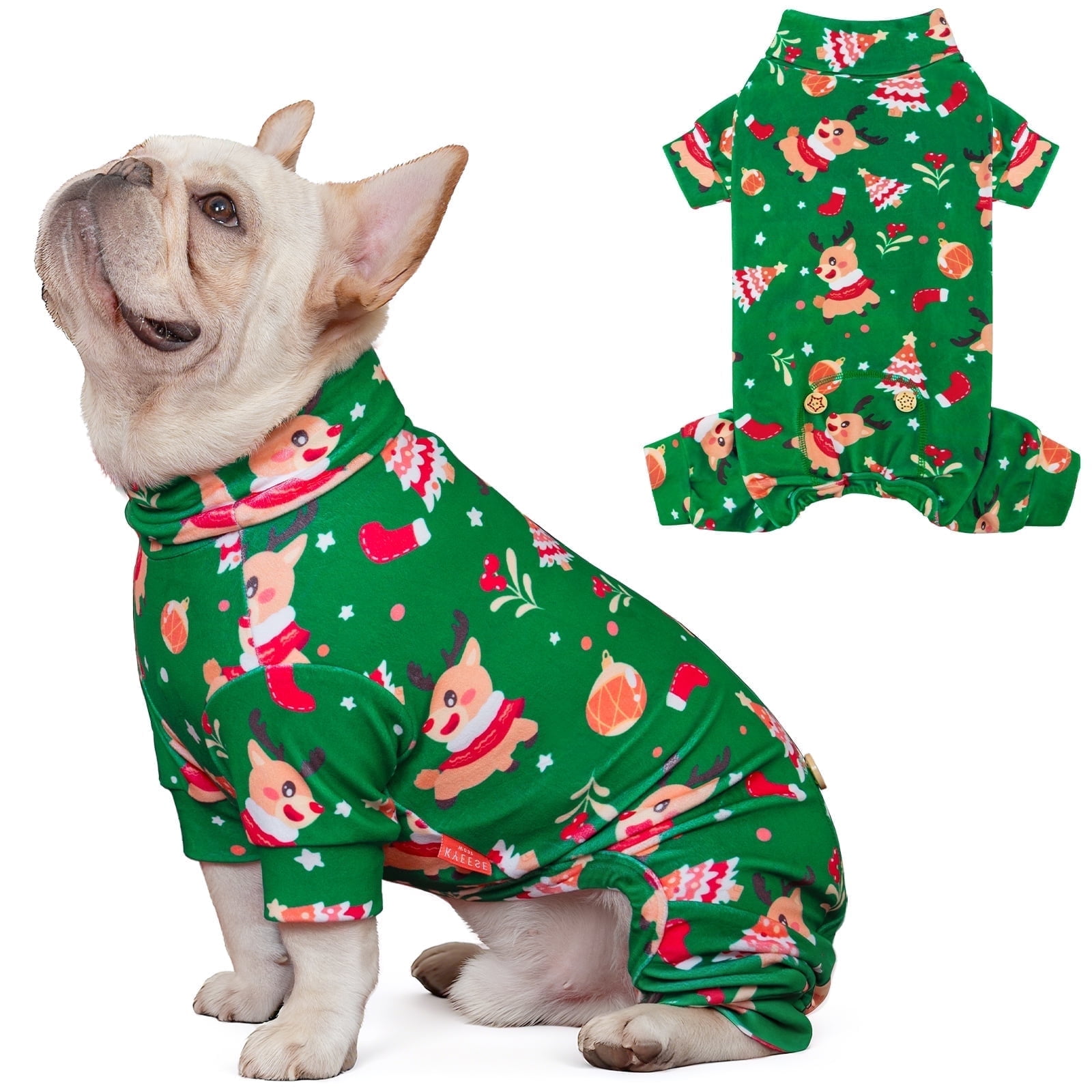 KYEESE Dog Christmas Pajamas, Green with Reindeer and Holiday Themed ...