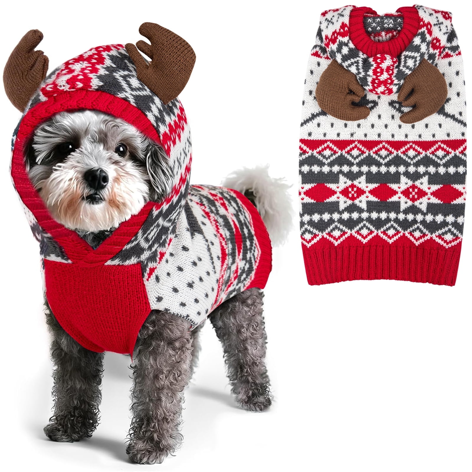 KYEESE Dog Christmas Sweater, Reindeer Antler Hood, Dog Sweater for ...