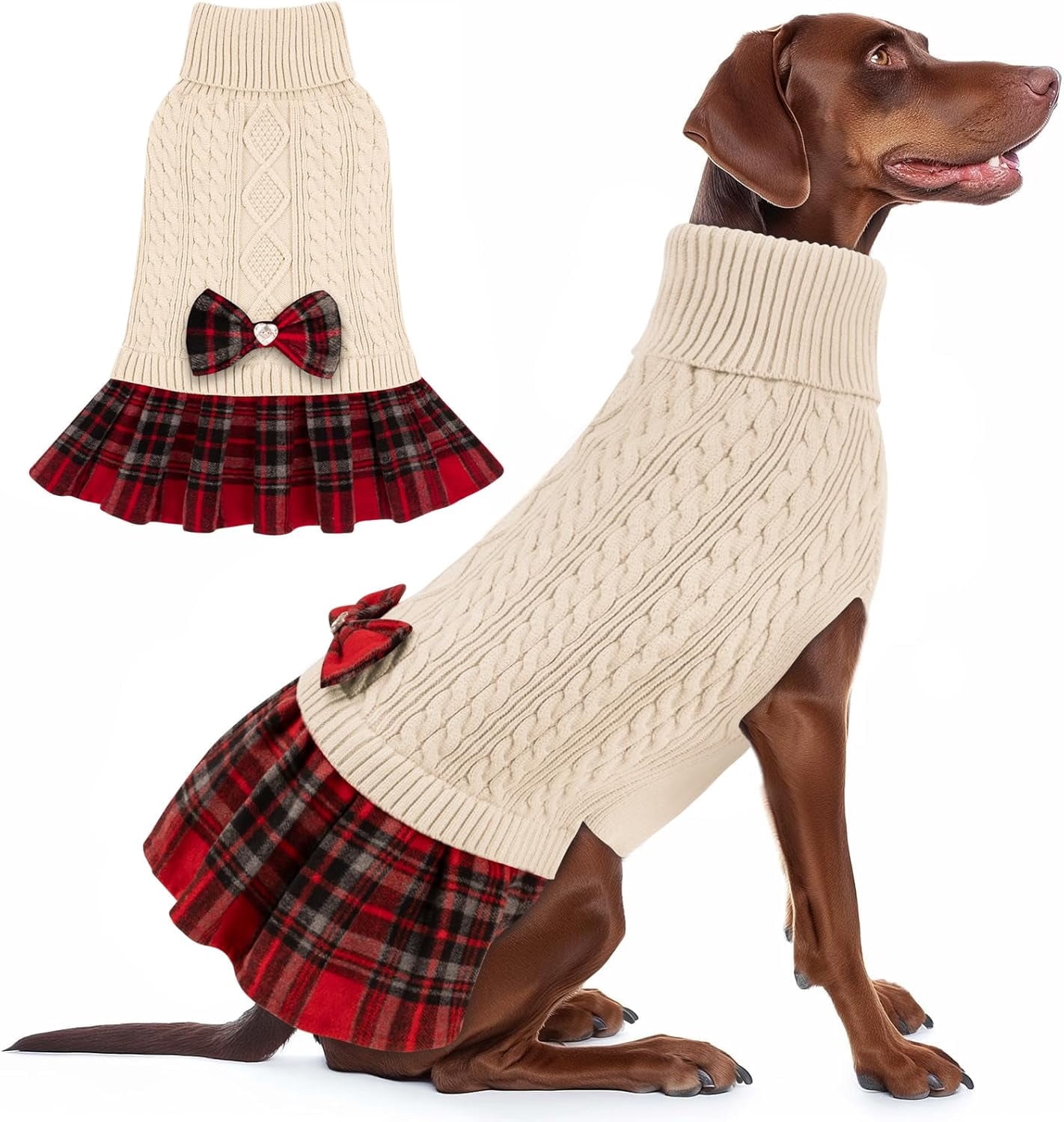 KYEESE Dog Sweater, Beige Turtleneck Sweater Dress with Bowtie, Dog ...
