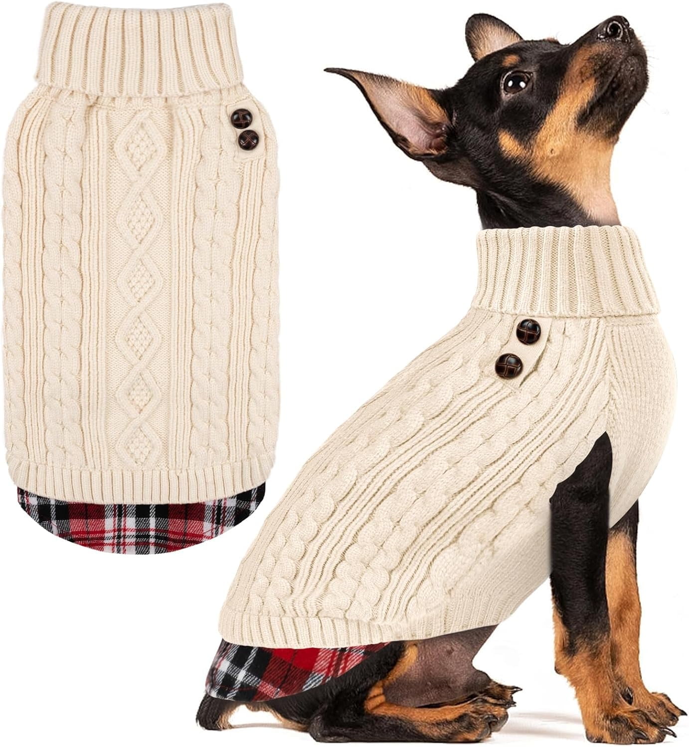 KYEESE Dog Sweater, Beige Turtleneck Sweater with Gingham Patchwork ...