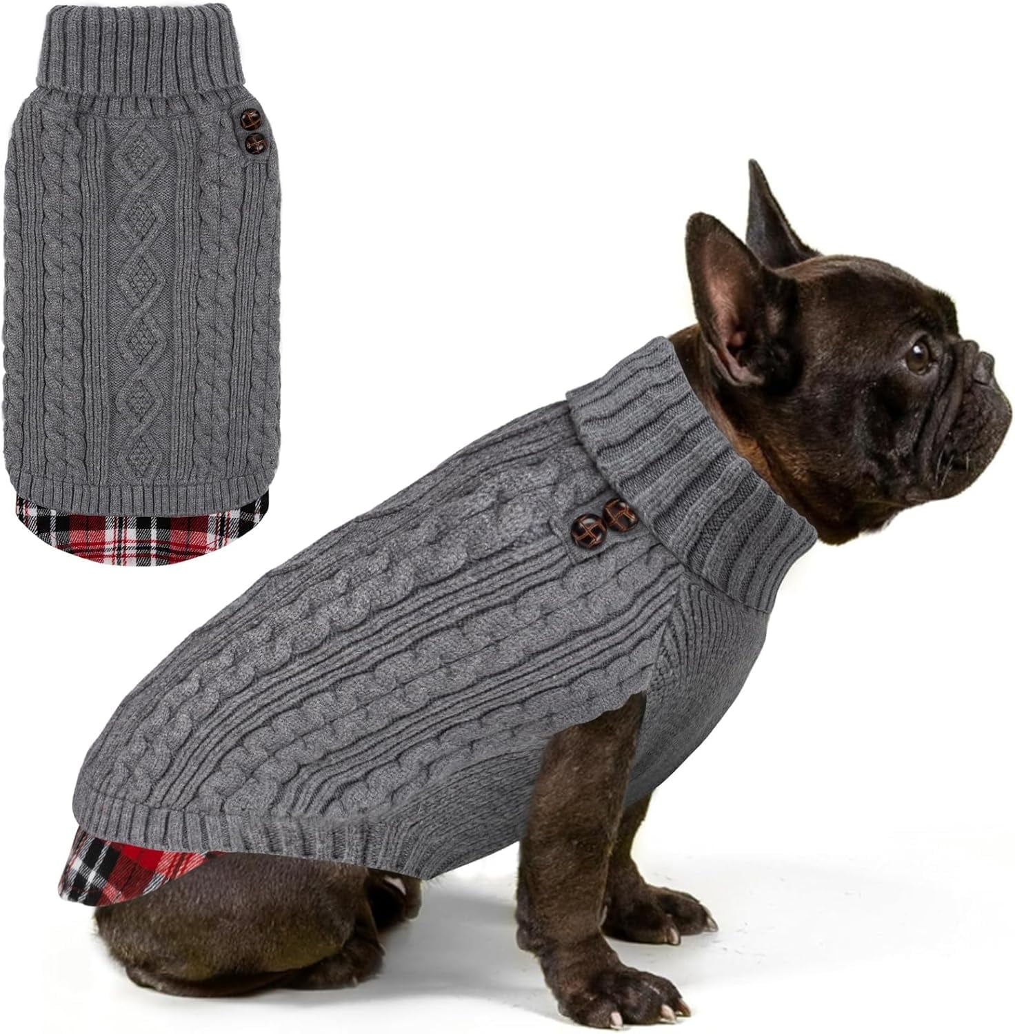 KYEESE Dog Sweater, Grey Turtleneck Sweater with Gingham Patchwork, Dog ...