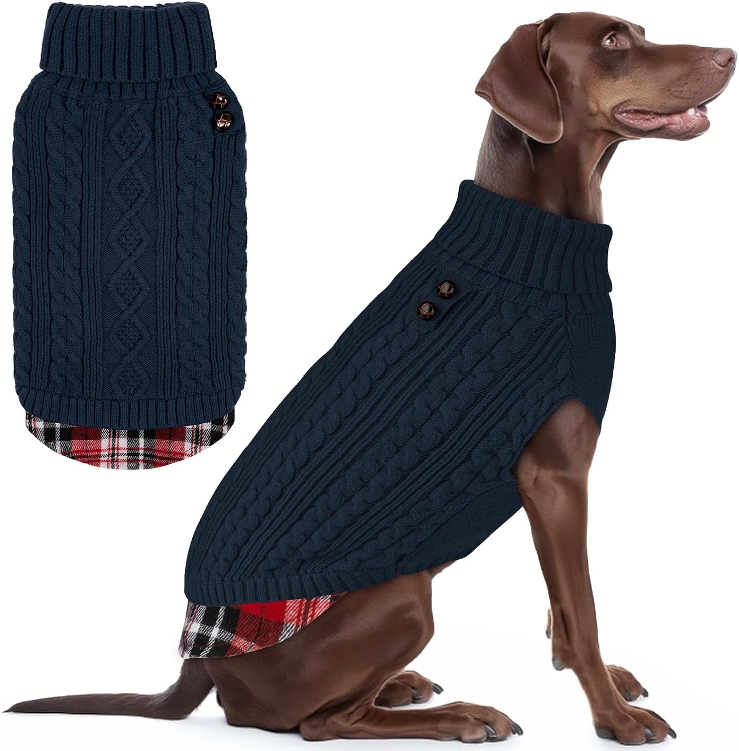 KYEESE Dog Sweater, Navyblue Turtleneck Sweater with Gingham Patchwork ...