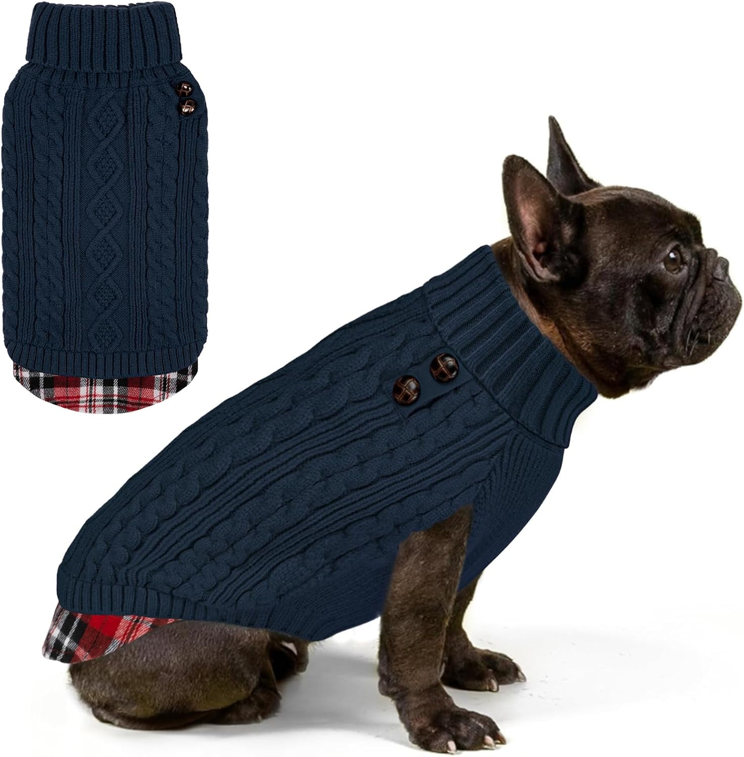 KYEESE Dog Sweater, Navyblue Turtleneck Sweater with Gingham Patchwork ...