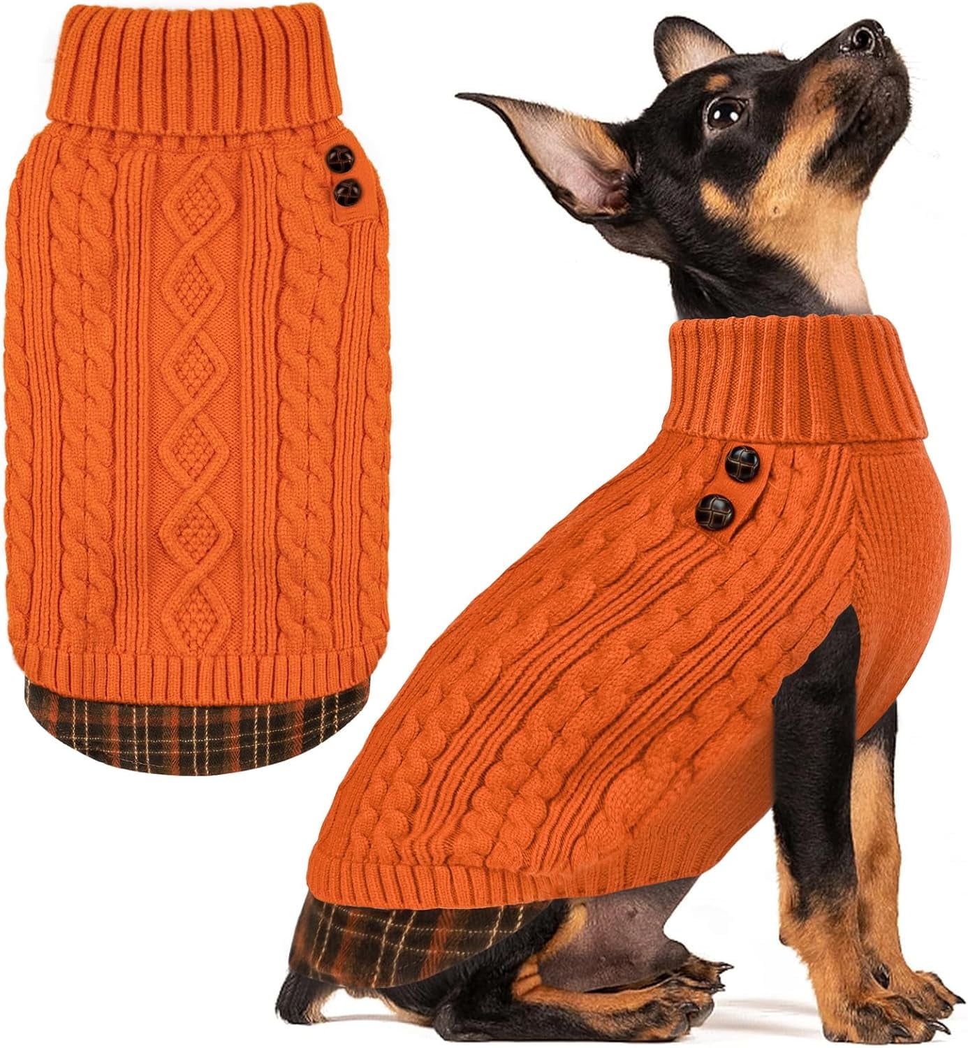 KYEESE Dog Sweater, Orange Turtleneck Sweater with Gingham Patchwork ...