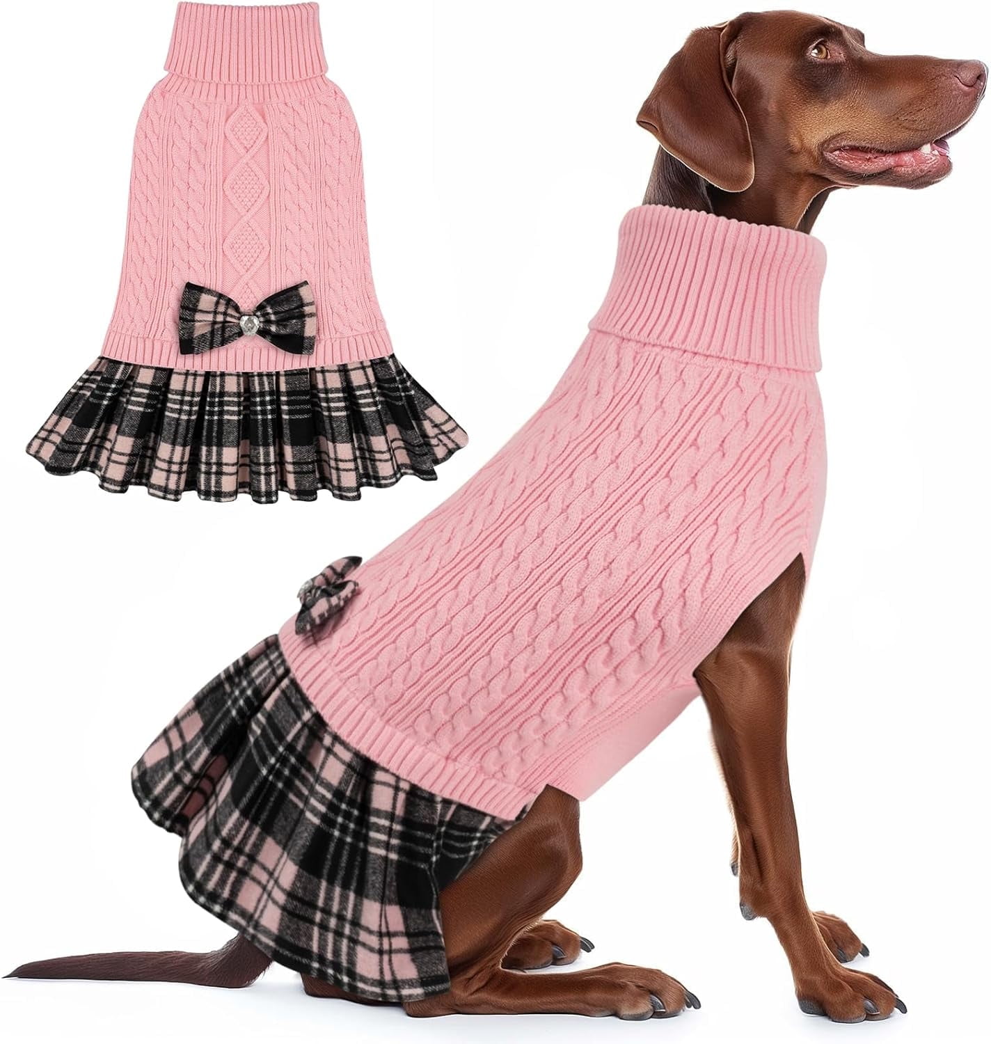 KYEESE Dog Sweater, Pink Turtleneck Sweater Dress with Bowtie, Dog ...
