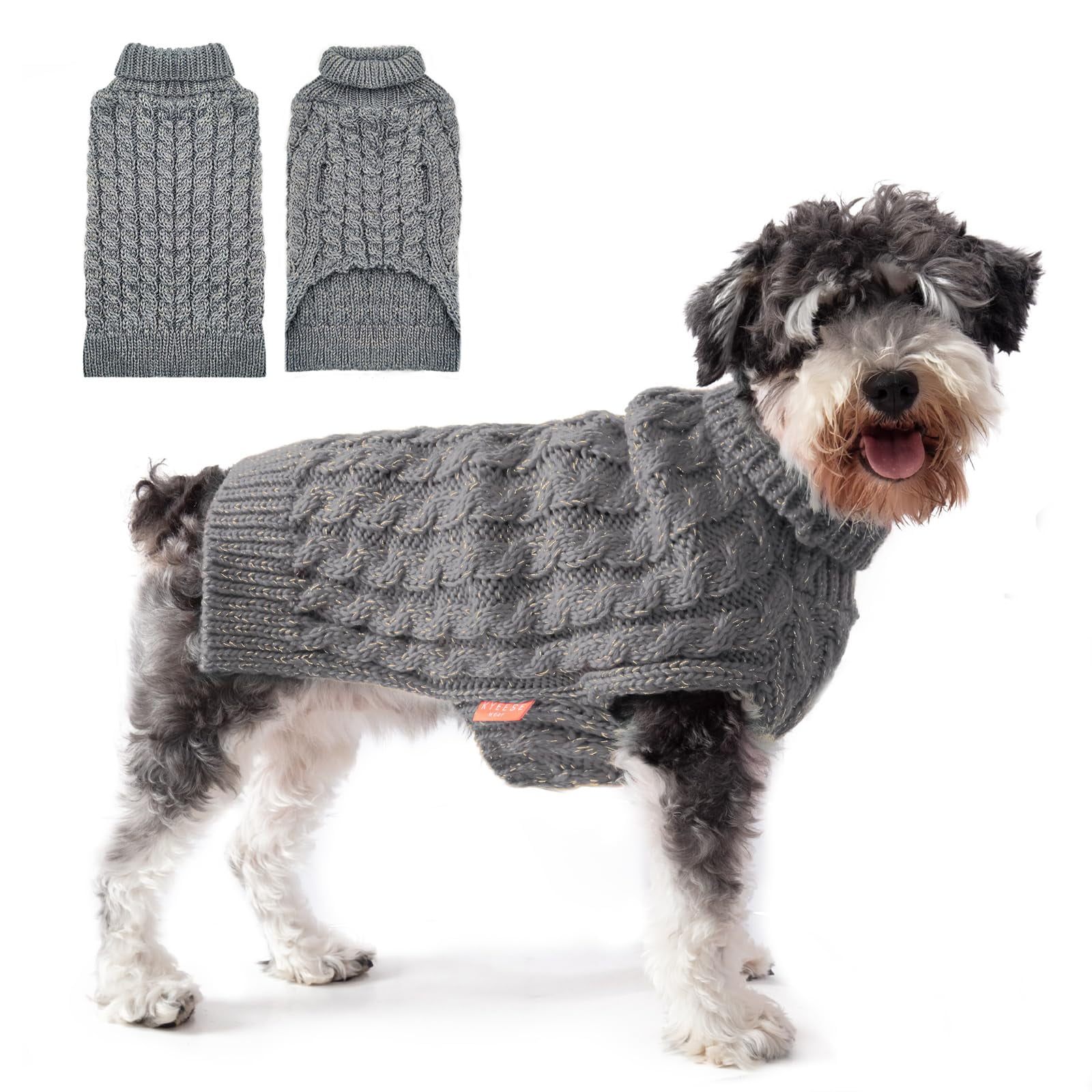 KYEESE Dog Sweaters Grey with Golden Thread Turtleneck Dog Sweater Cable Knit for Cold Weather ...