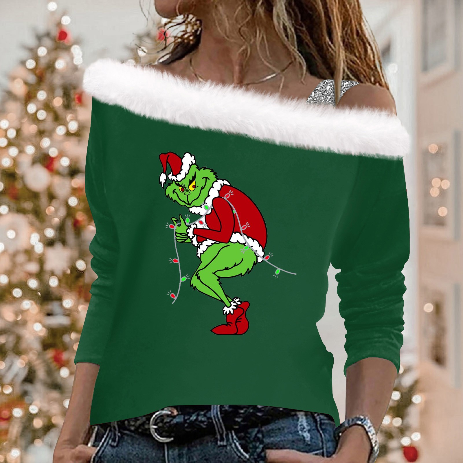 KYGABAK Grinch, Off Shoulder Blouses for Women, Long Sleeve Christmas ...