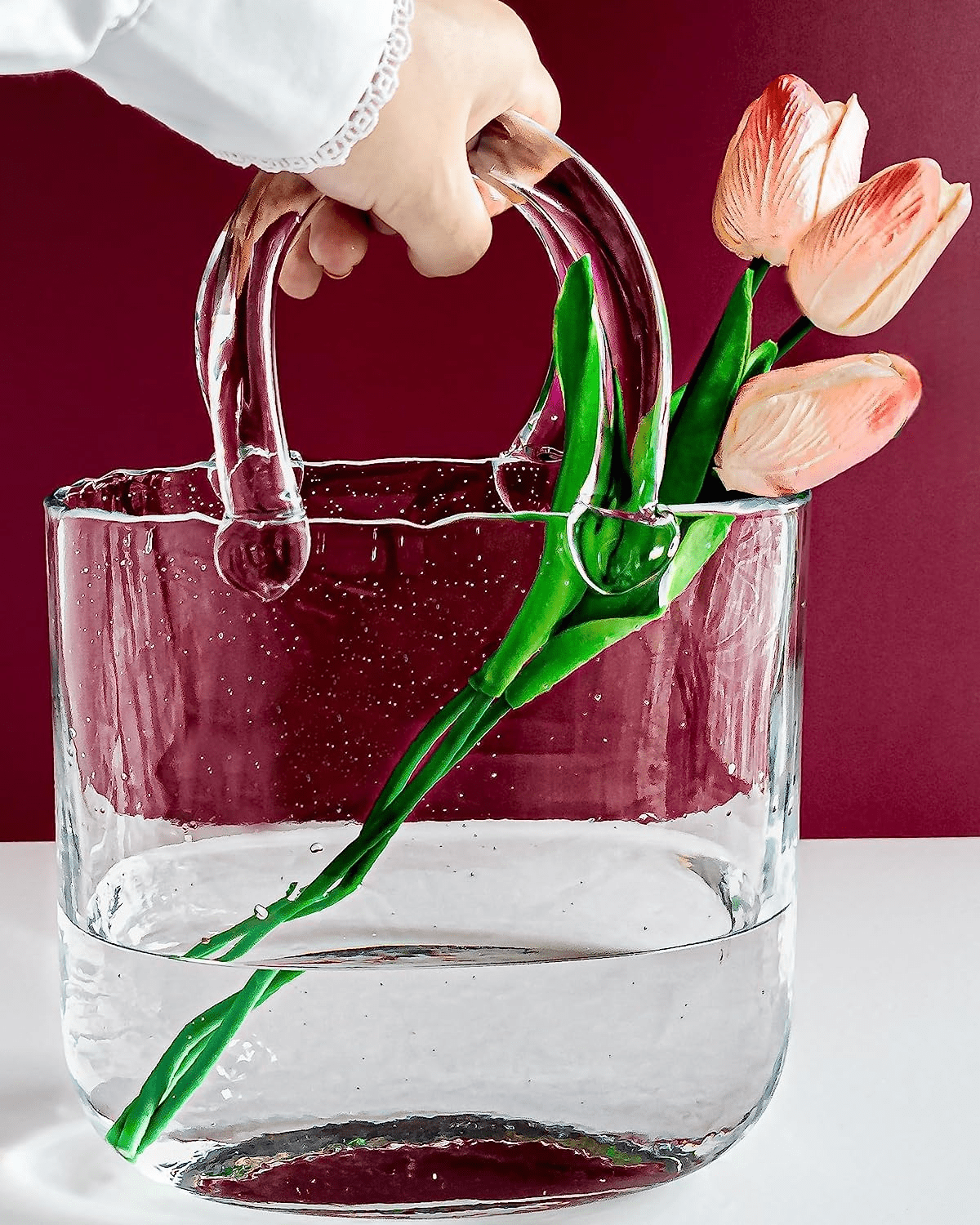 KYONANO Glass Purse Vases for Flowers,Hand Blown Pink Vase with Bubbles ...