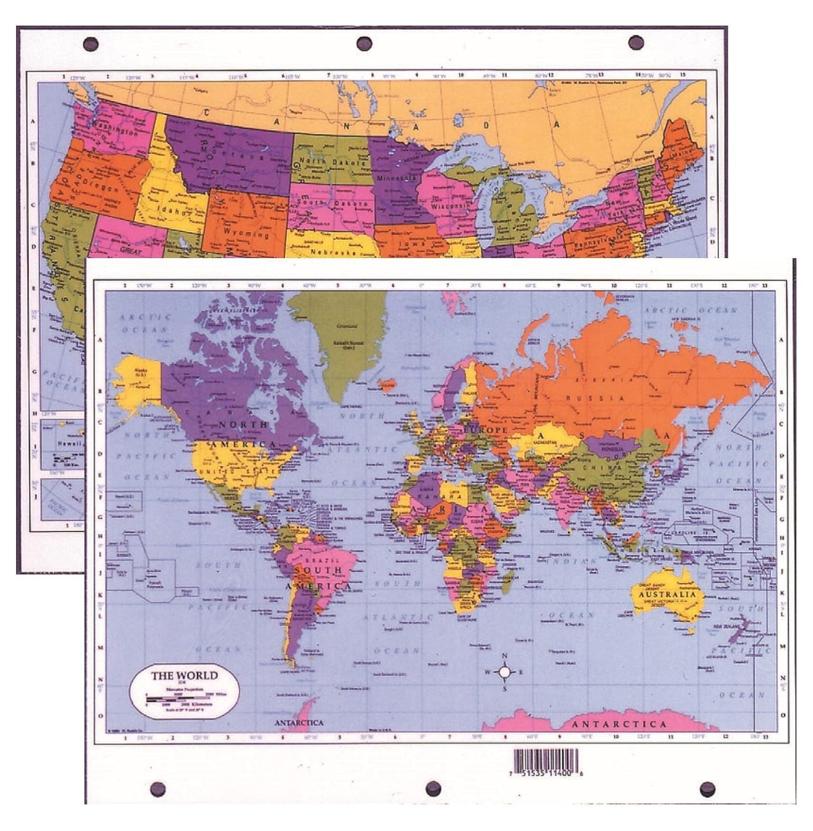 KYTVOLON Two Sided Laminated 8 1/2" X 11" United States/World MAP ...