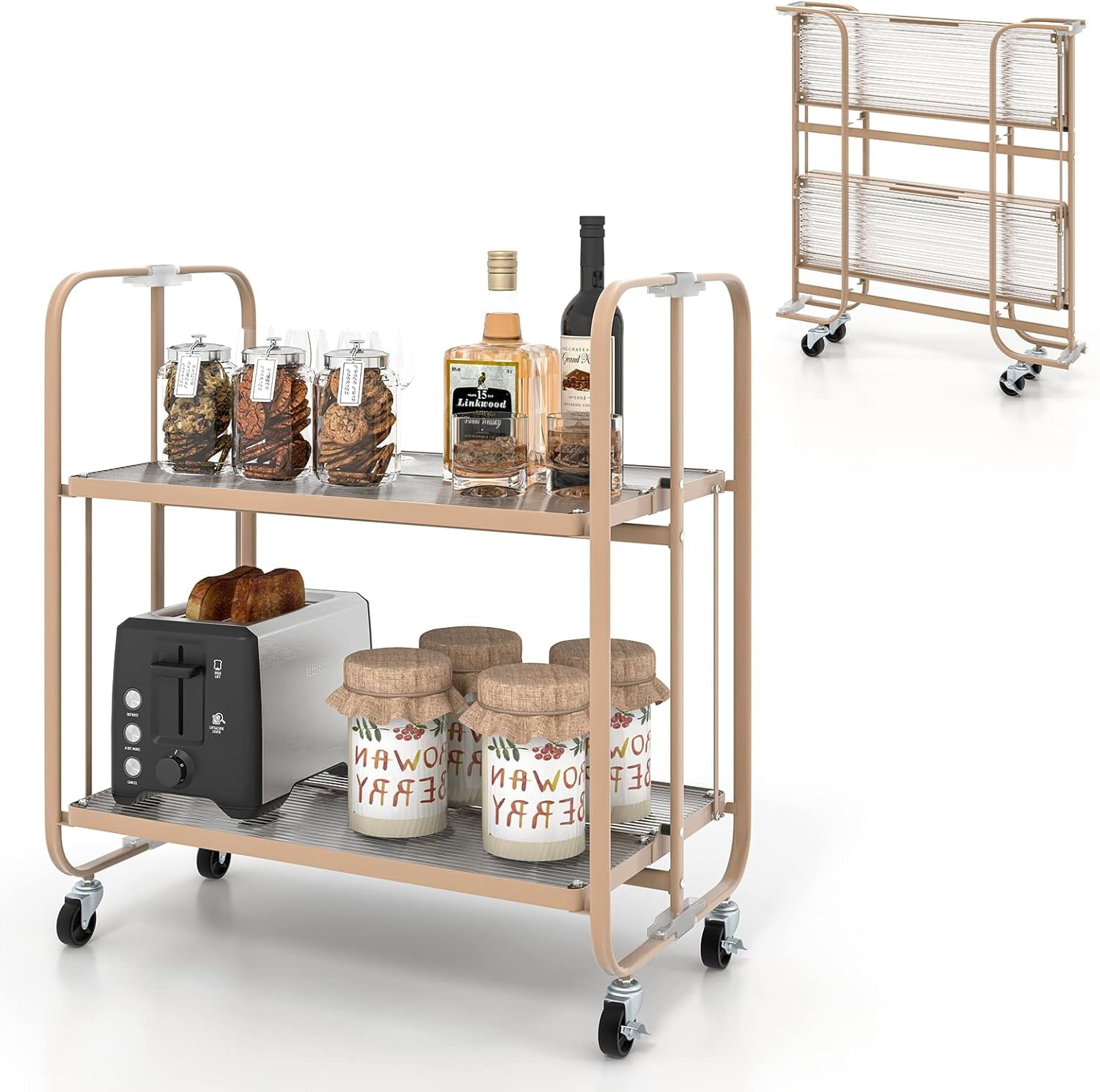 KYUTR 2-Tier Mobile Serving Cart, Foldable Storage Cart on Wheels ...