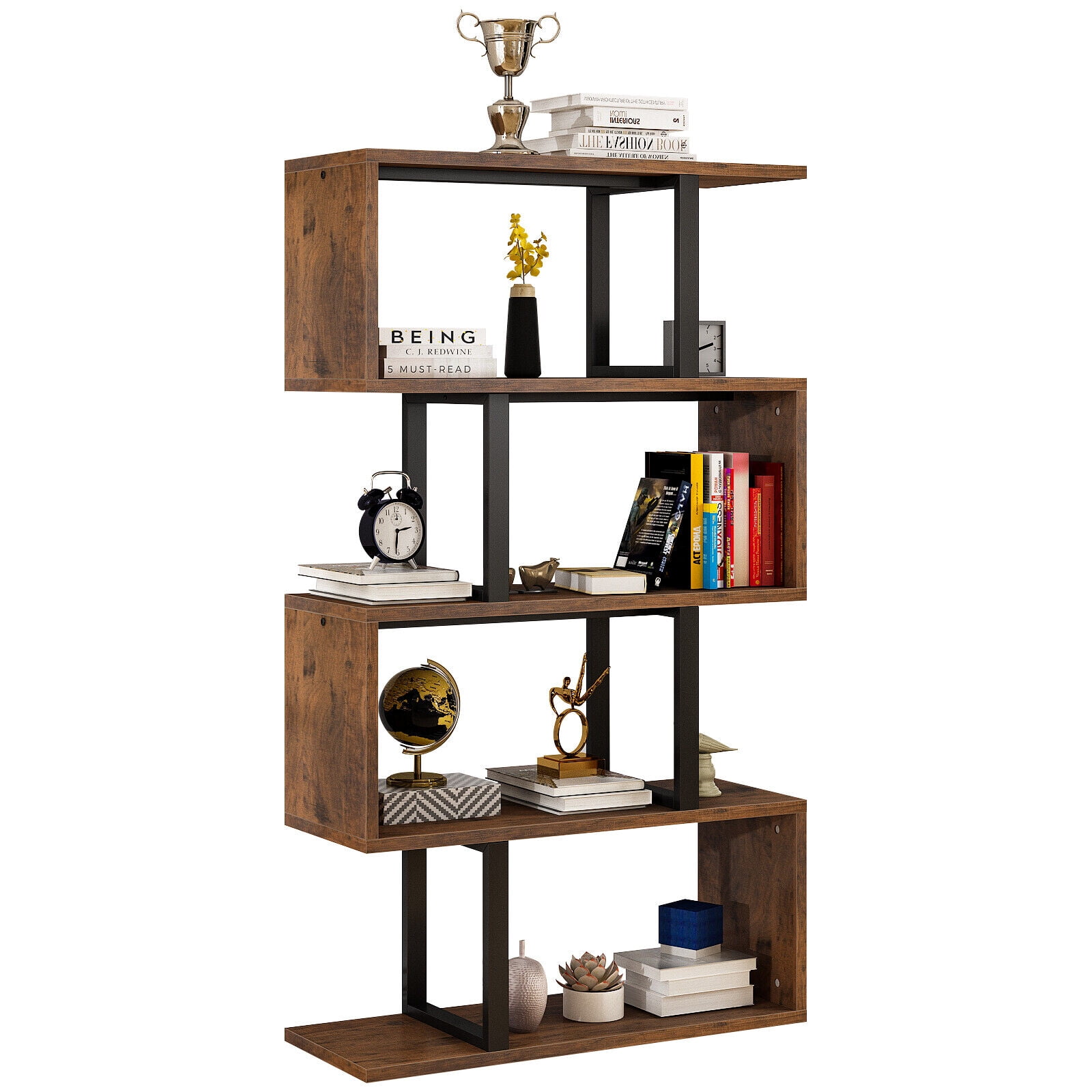 KYUTR 4-Tier Bookshelf Geometric S Shaped Bookcase with Large Capacity ...