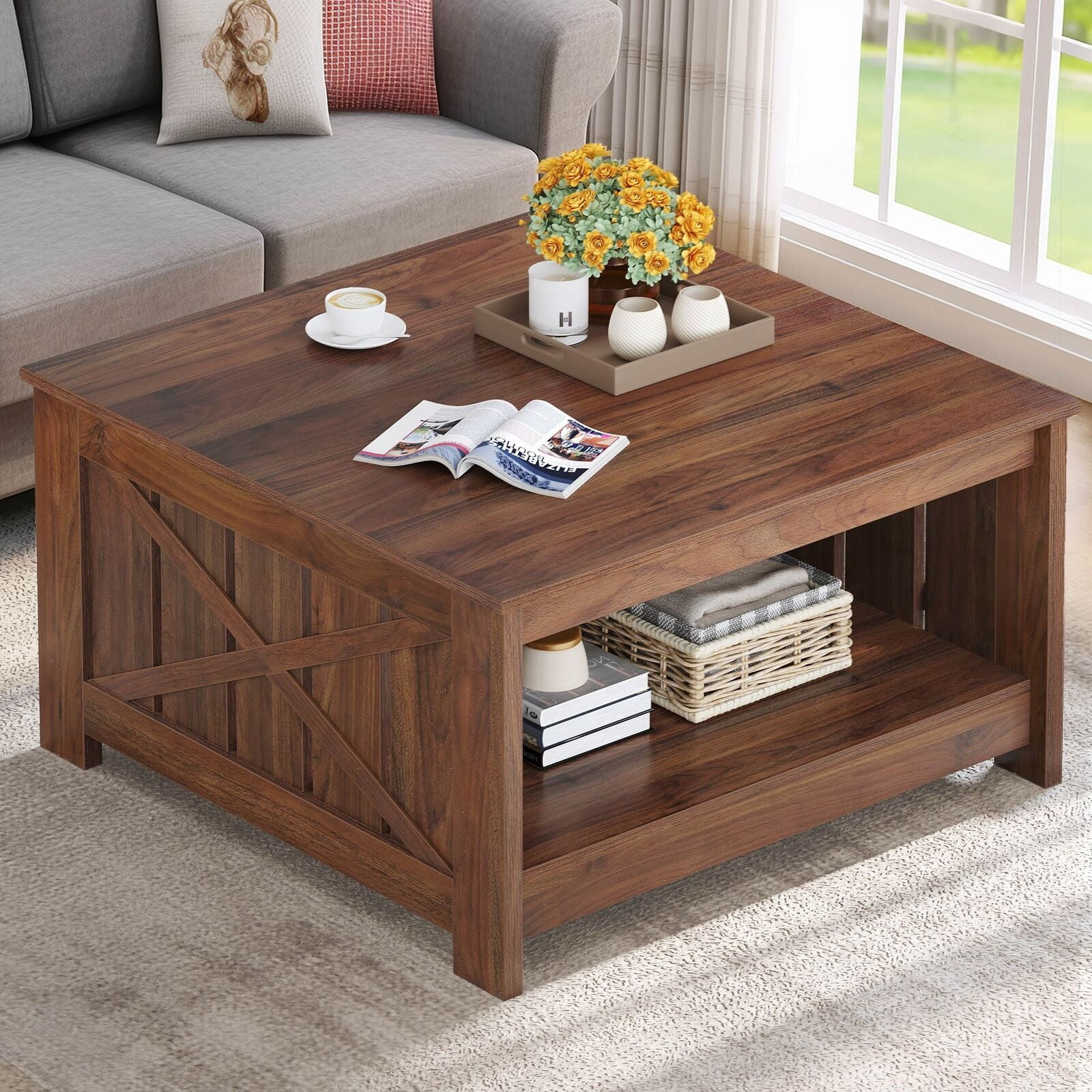 KYUTR Coffee Table Farmhouse Coffee Table with Storage Rustic Wood ...