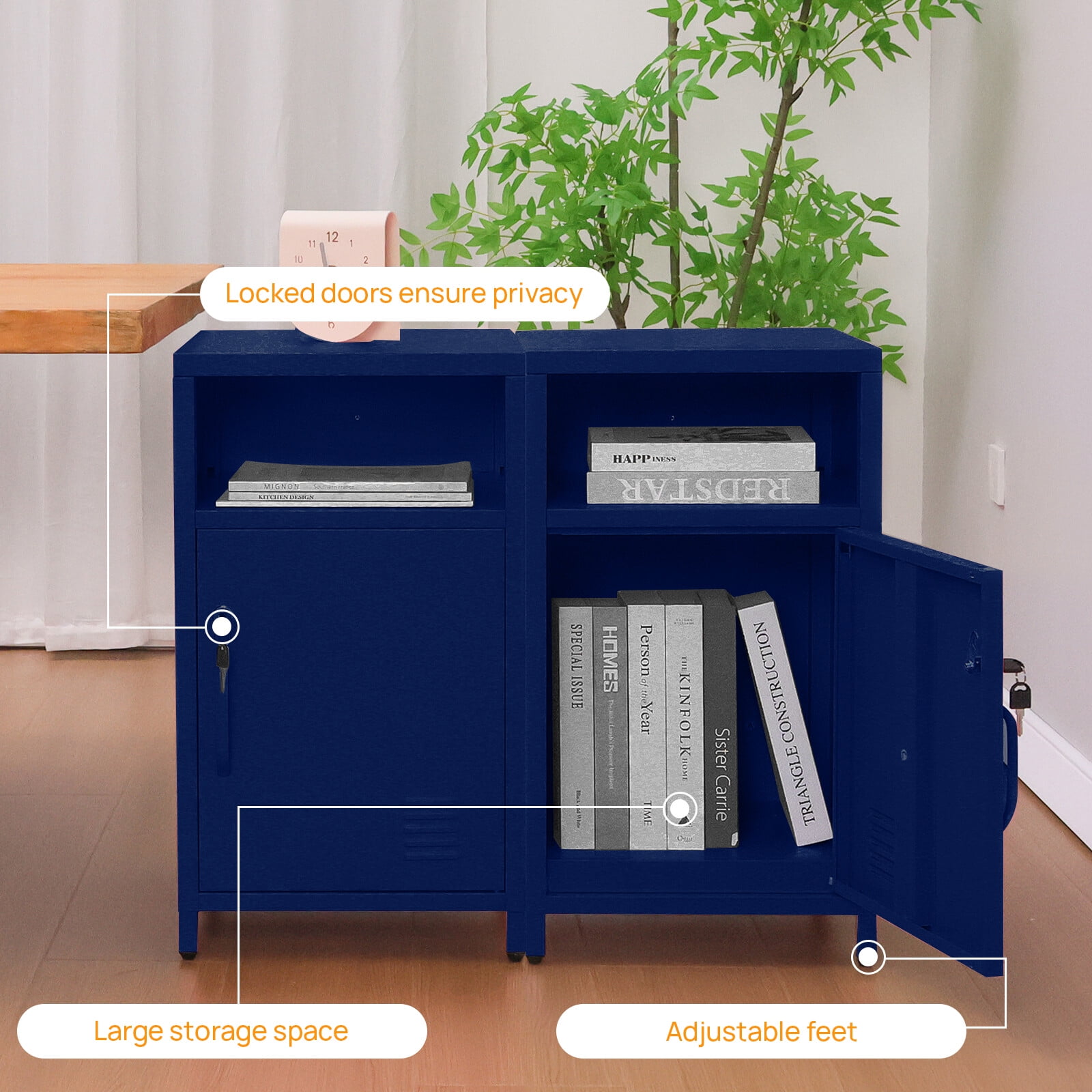 KYUTR Compact Metal Nightstand with Lockable Cabinet and Open Shelf ...