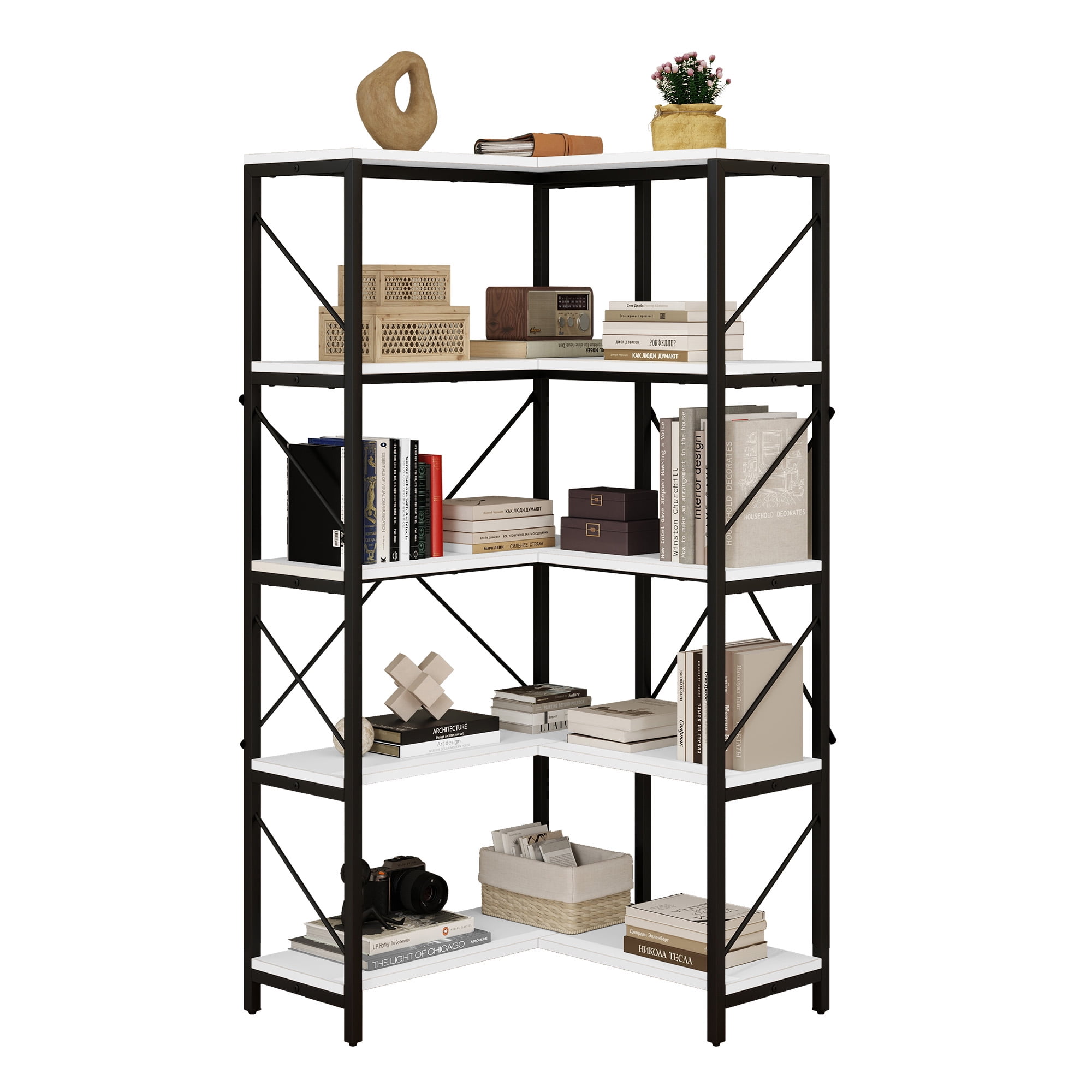 KYUTR Corner Bookshelf, Industrial Corner Shelf 5 Tier Bookcase, Large ...