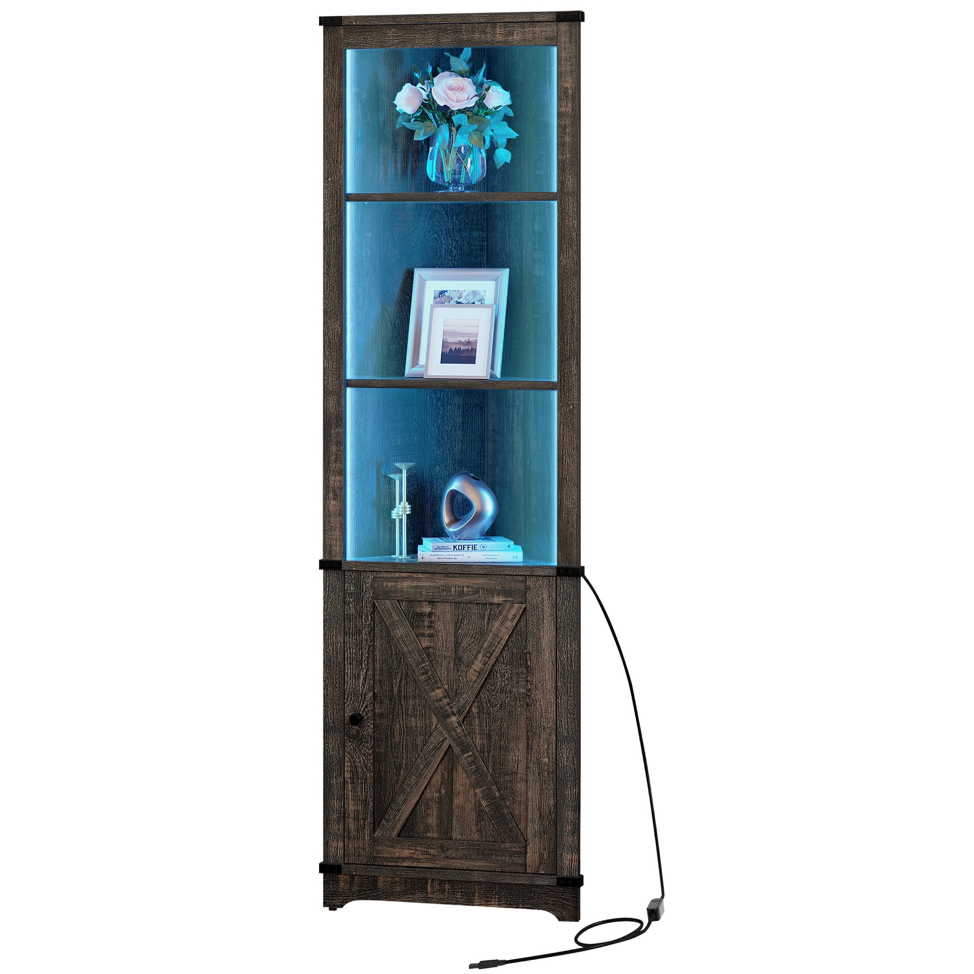KYUTR Corner Storage Cabinet with LED Light, Farmhouse Tall Corner ...