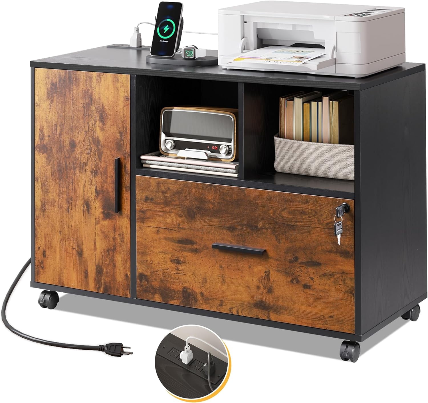 KYUTR File Cabinet with Charging Station, 1 Drawer Rolling File Cabinet ...