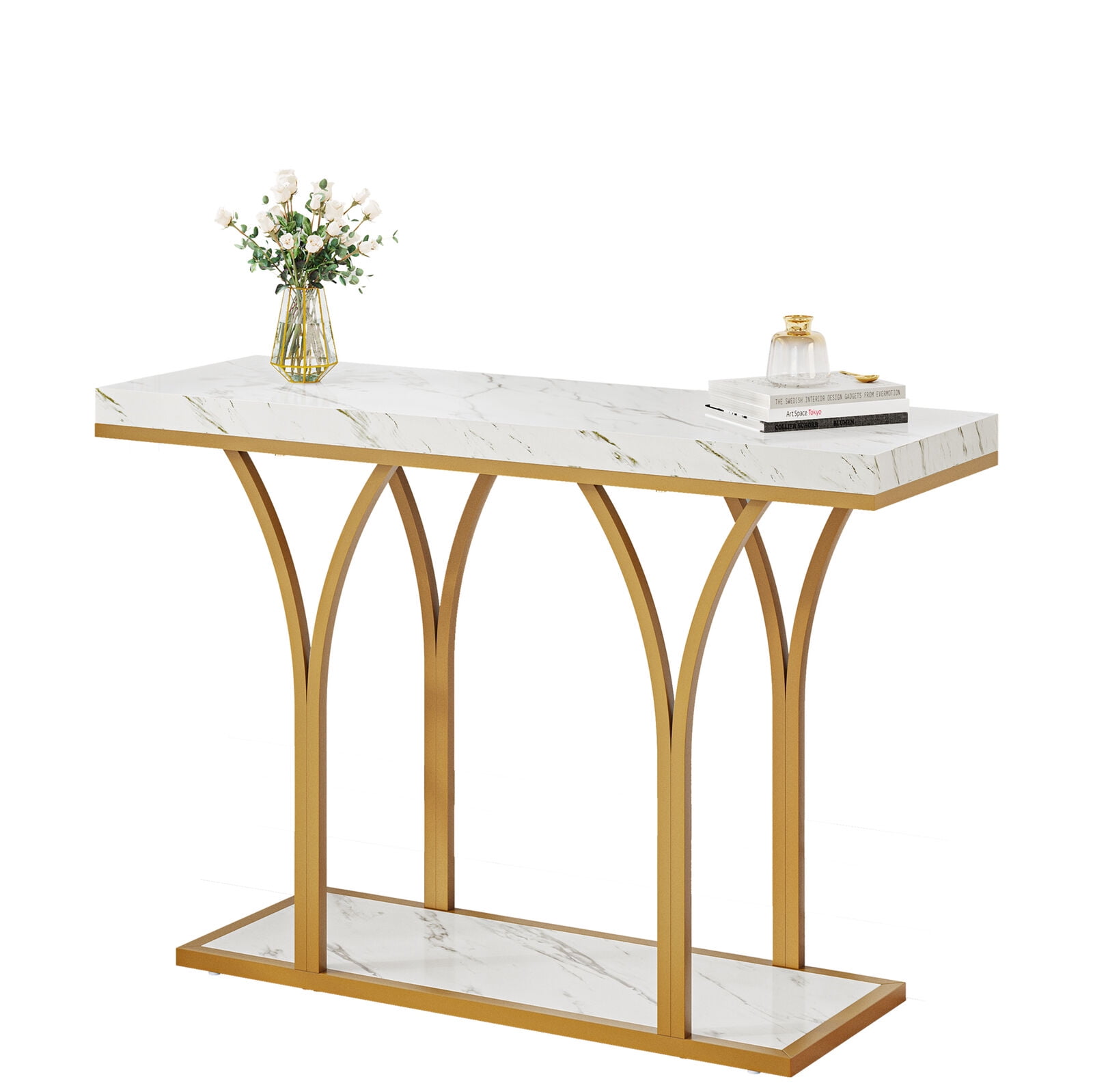 KYUTR Gold Console Table with LED Lights, White and Gold Entryway Table ...