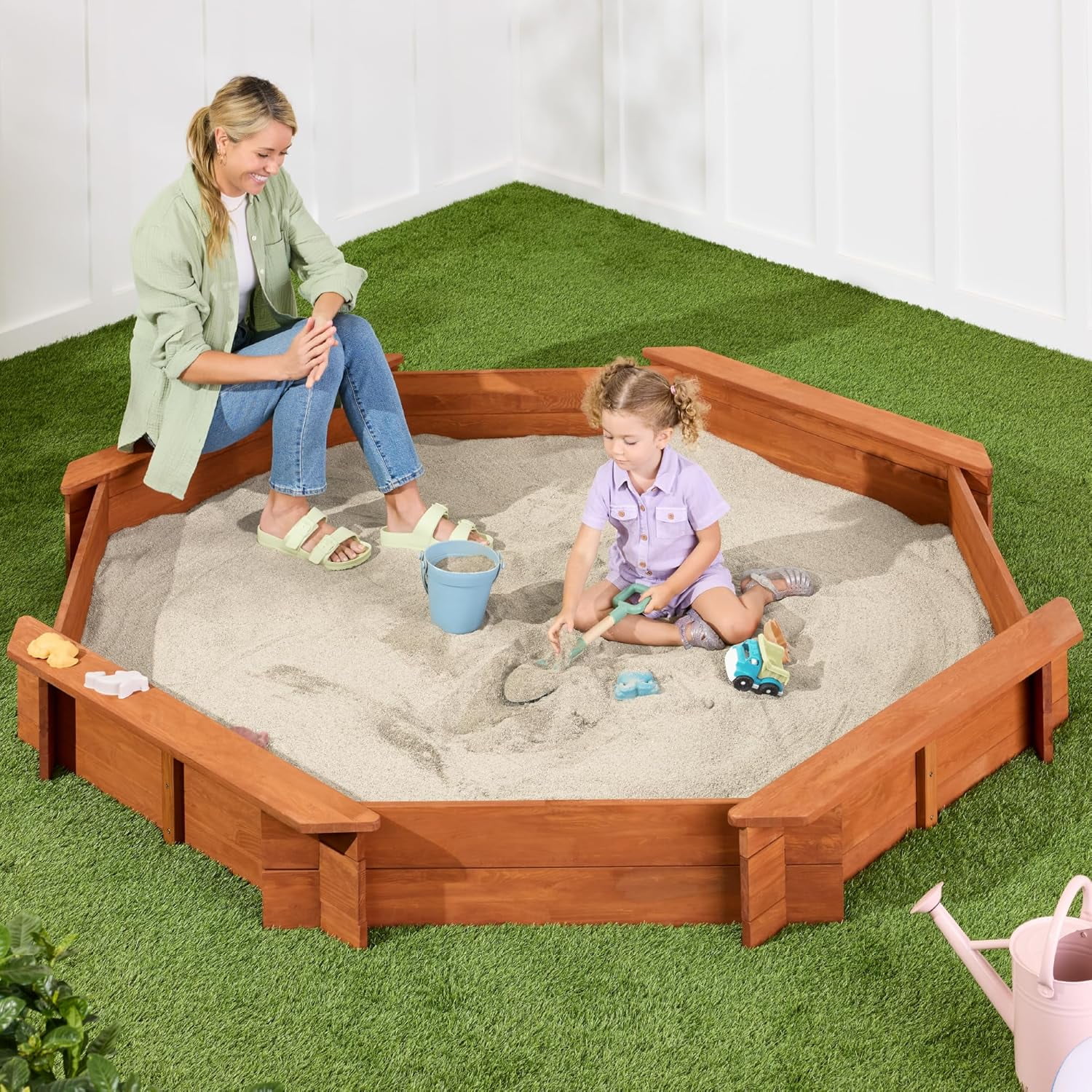 KYUTR Kid's Large Octagonal Wooden Outdoor Sandbox with Cover w/ 4 ...