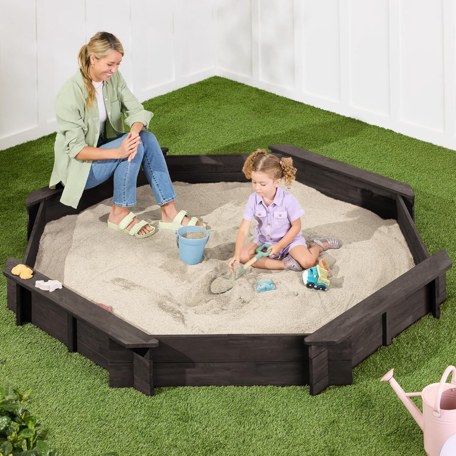 KYUTR Kid's Large Octagonal Wooden Outdoor Sandbox with Cover w/ 4 ...