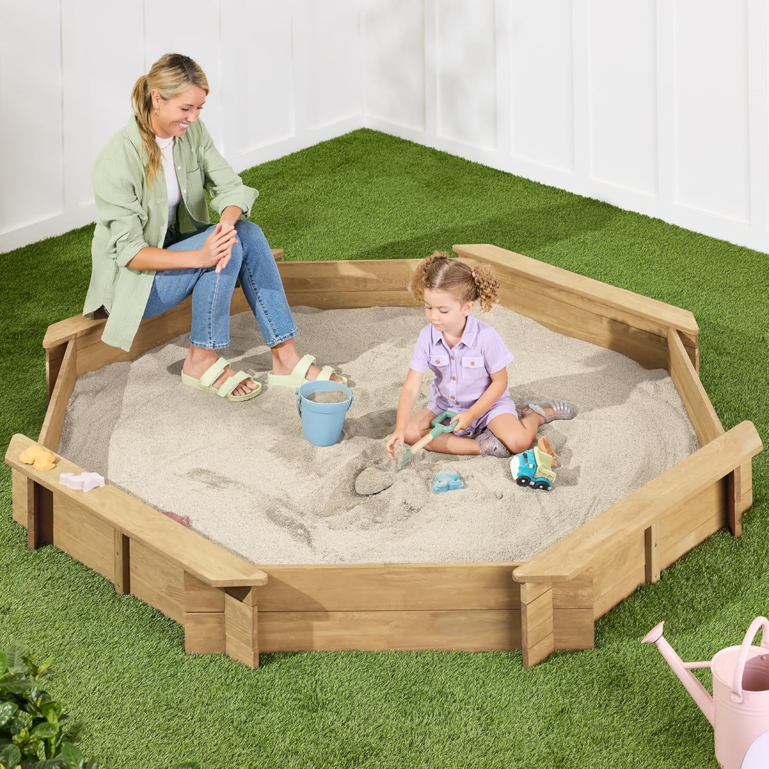 KYUTR Kid's Large Octagonal Wooden Outdoor Sandbox with Cover w/ 4 ...