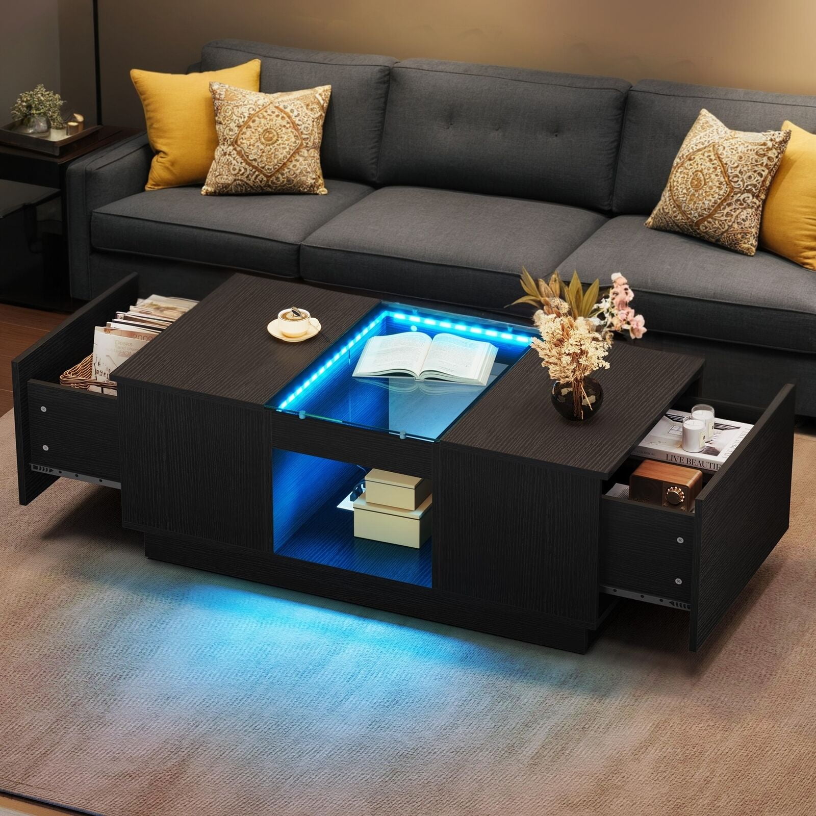 KYUTR LED Coffee Table for Living Room, Modern Coffee Table with Storage with LED Lights, 2 ...