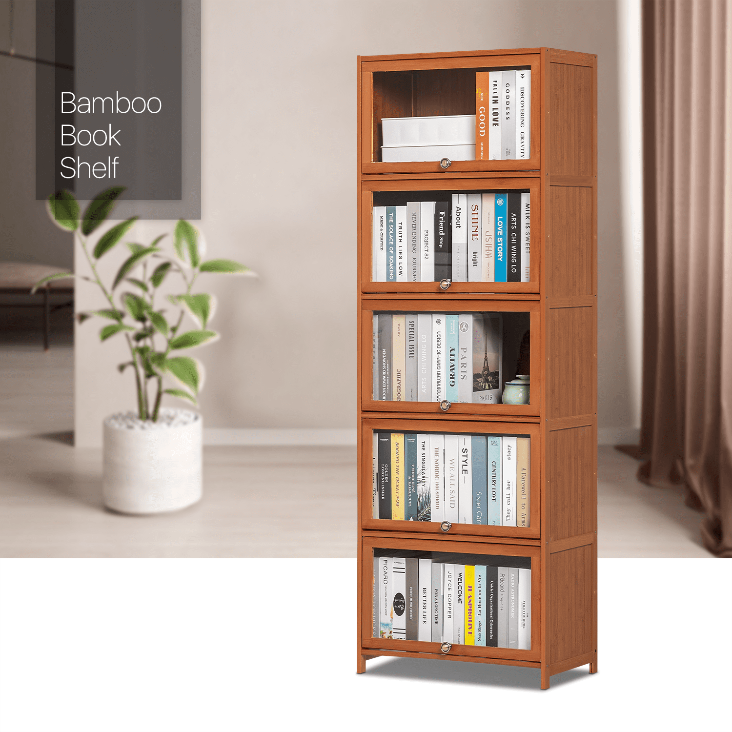 KYUTR Tall Narrow Bookcase with Acrylic Doors 5 Tier Free Standing Book ...