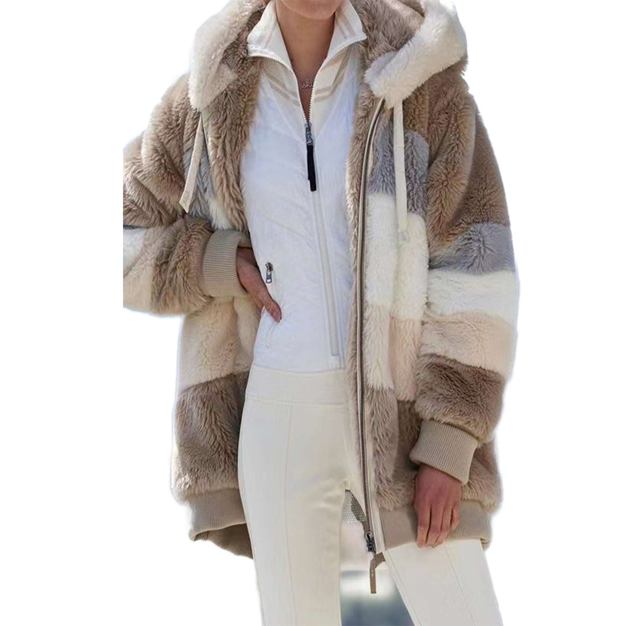 KZKR Winter Plush Coat for Women Color Block Long Sleeve Cardigan ...