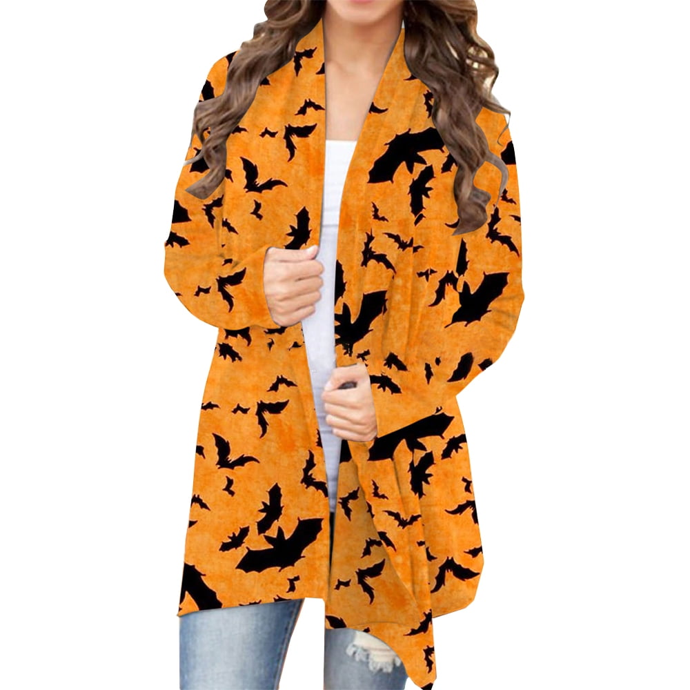 KZKR Women's Pumpkin Cat Cardigan Halloween Long Sleeve Open Front Knit ...