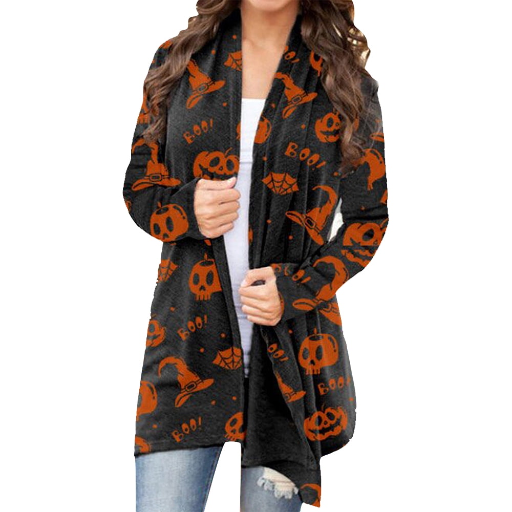 KZKR Women's Pumpkin Cat Cardigan Halloween Long Sleeve Open Front Knit ...