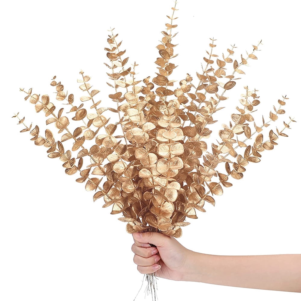 KZLO Gold Artificial Leaf, Spray Fake Golden Eucalyptus Stems Branches ...