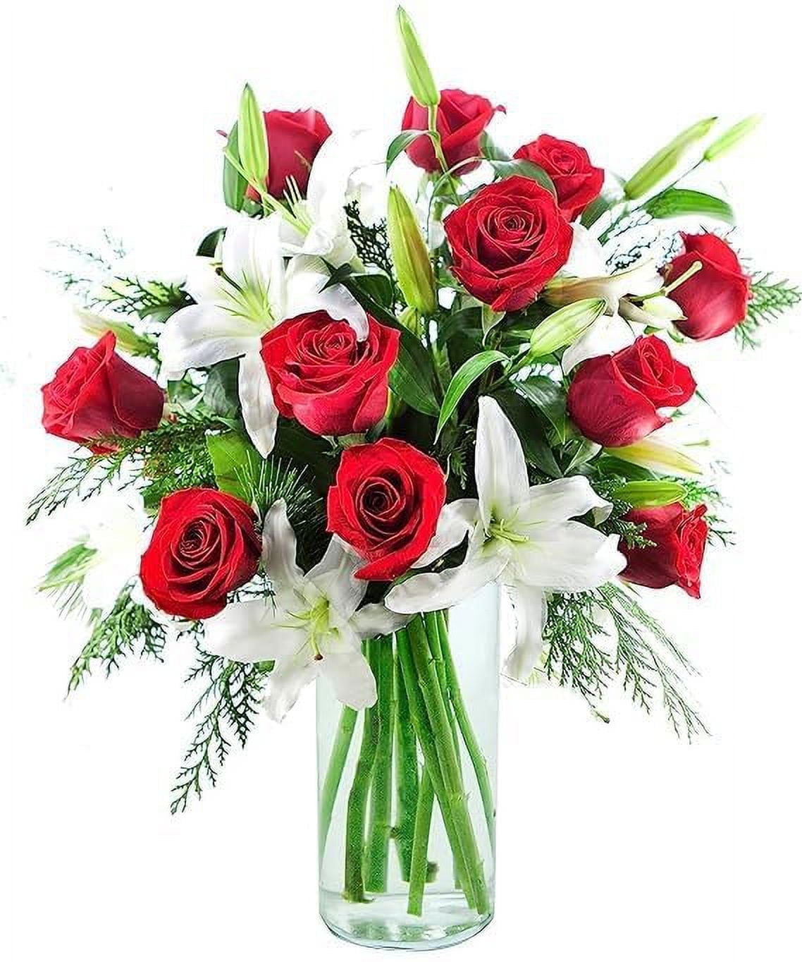 KaBloom : 12 Red Roses, 5 White Oriental Lilies, 3 Greens in a Classic vase. - Walmart.com