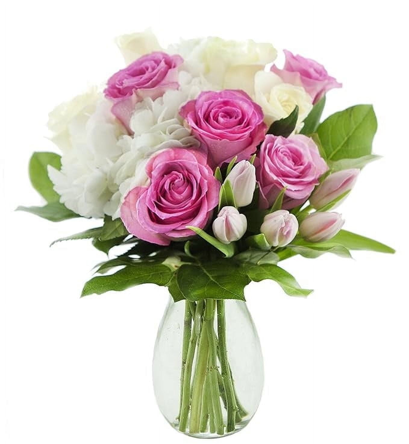 KaBloom: 5 Pink Roses, 4 White Roses, 5 Pink Tulips, 1 White Hydrangeas ...