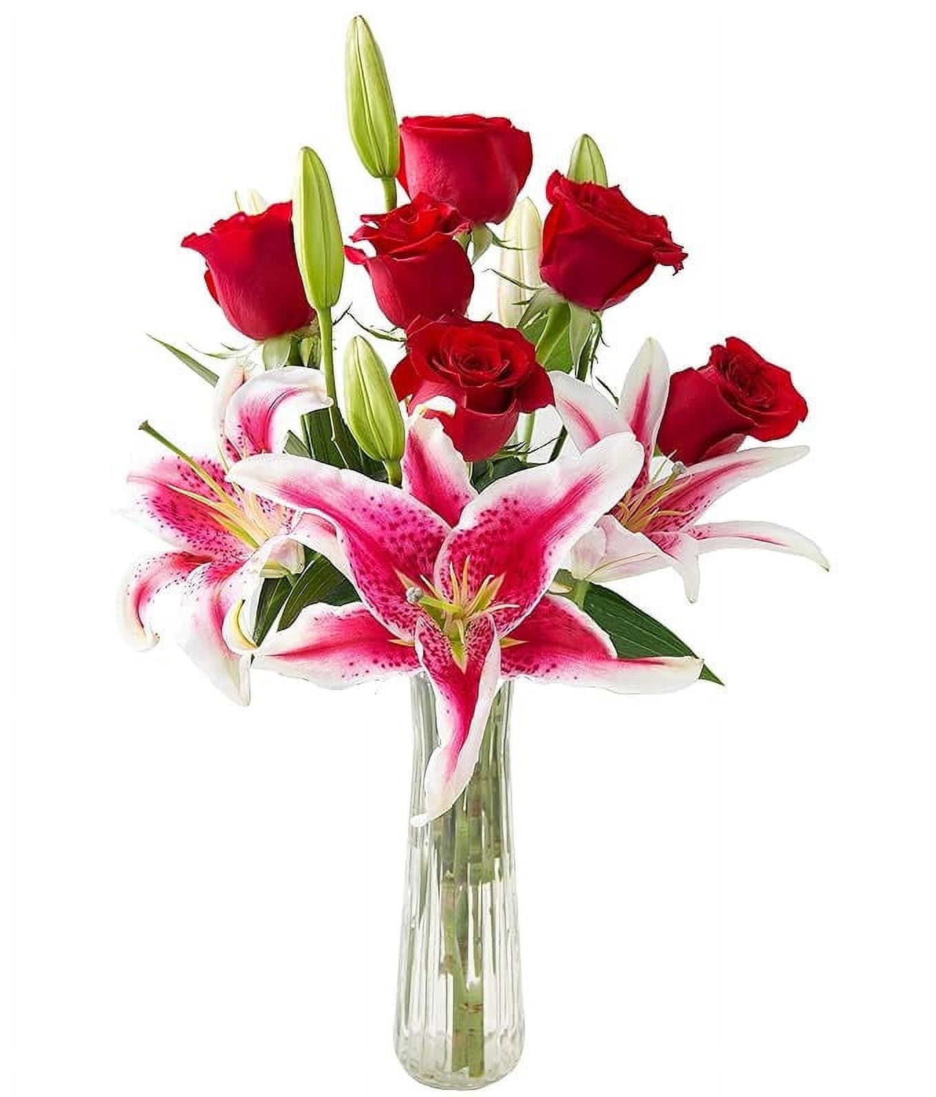 KaBloom : 6 Red Roses, 3 Stargazer Lilies, 6 Greens with vase Next-Day ...