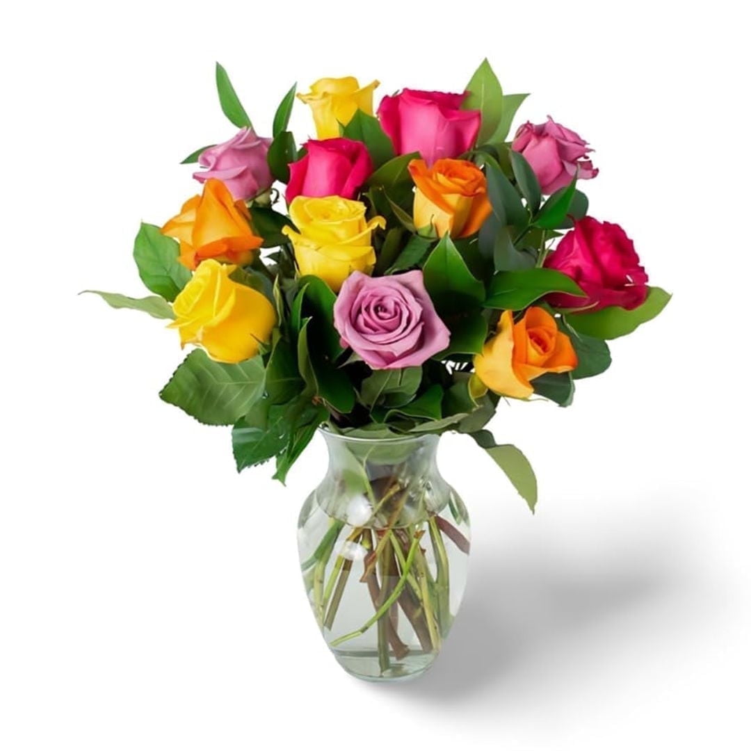 Kabloom Fresh Real Flowers Bouquet - 12 Assorted Roses with Vase ...