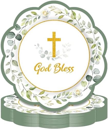 KaKan 50PCS 9" Baptism Decorations,Baptism Paper Plates, First ...