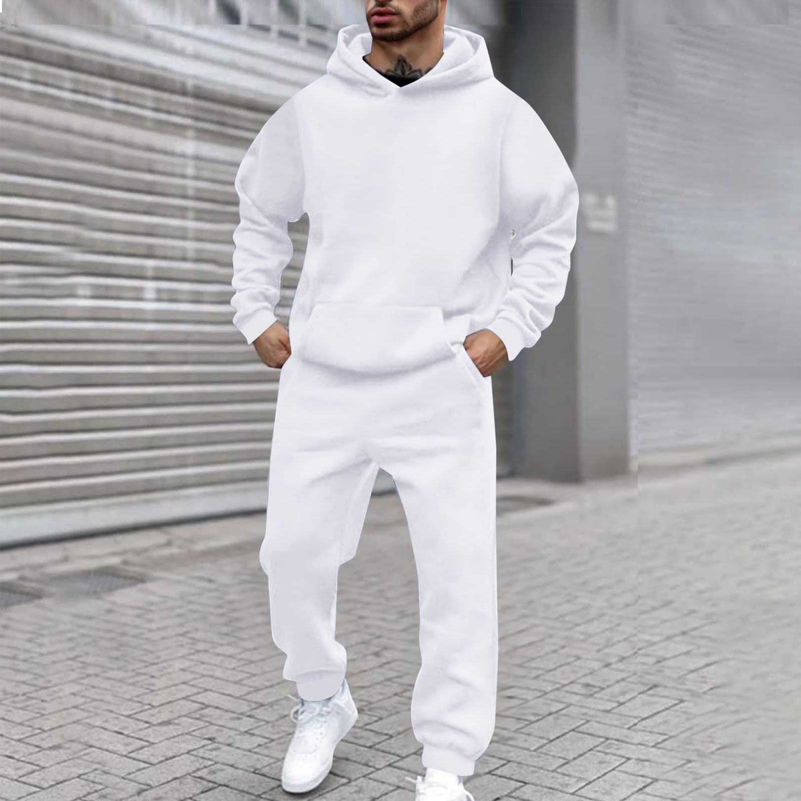 KaLI_Store Men Tracksuit Set Solid Color 2 Piece Jogging Suits Hooded ...