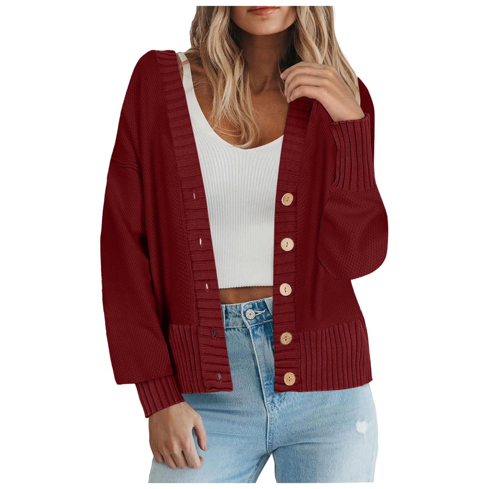 KaLI_Store Womens Open Front Long Sleeve Button Chunky Knit Cardigan ...