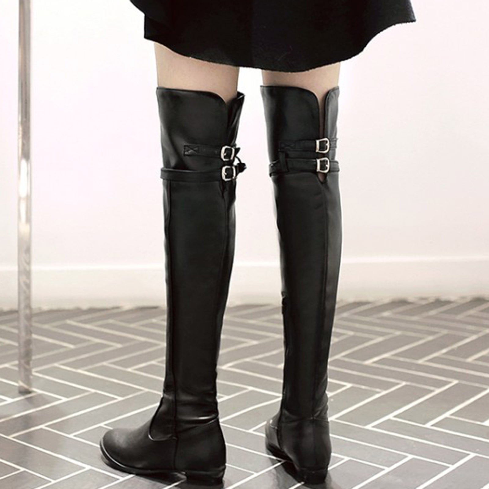 KaLI_store Booties for Women Thigh High Boots Round Toe Mid Heel ...