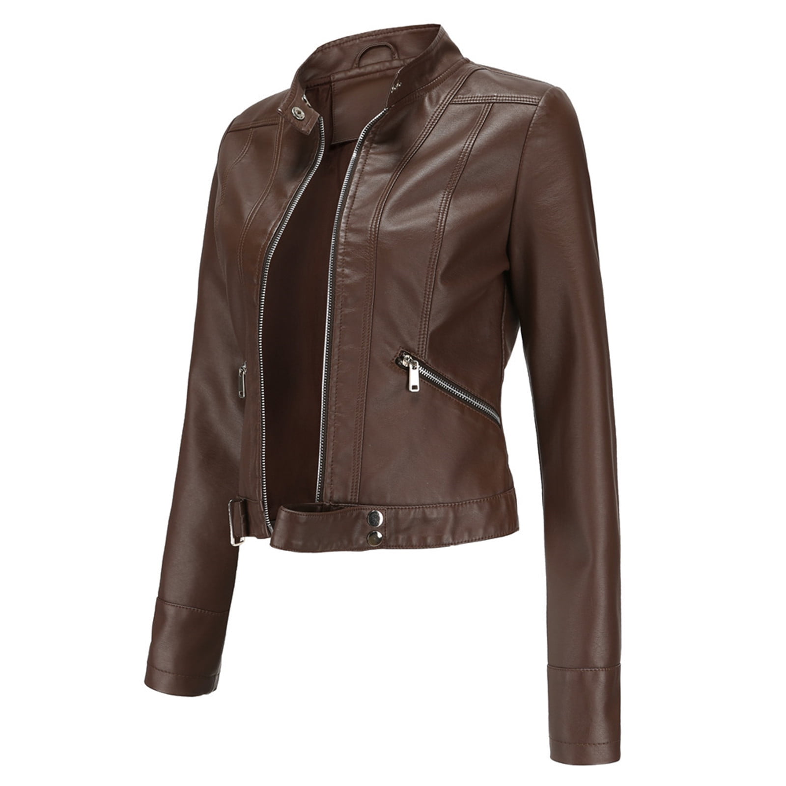 KaLI_store Coats for Women with Pockets Women's Leather Jacket Zip Up ...