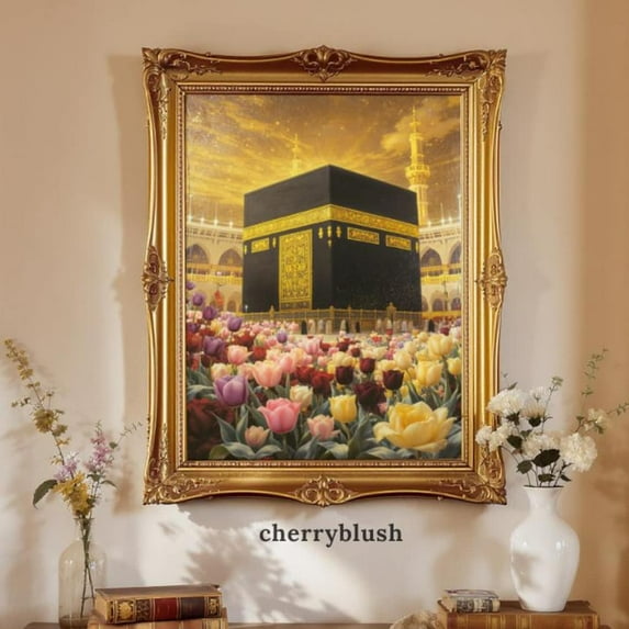 Kaaba Kiswah Art Poster, Islamic Home Decor, Kaaba With Tulips Garden ...
