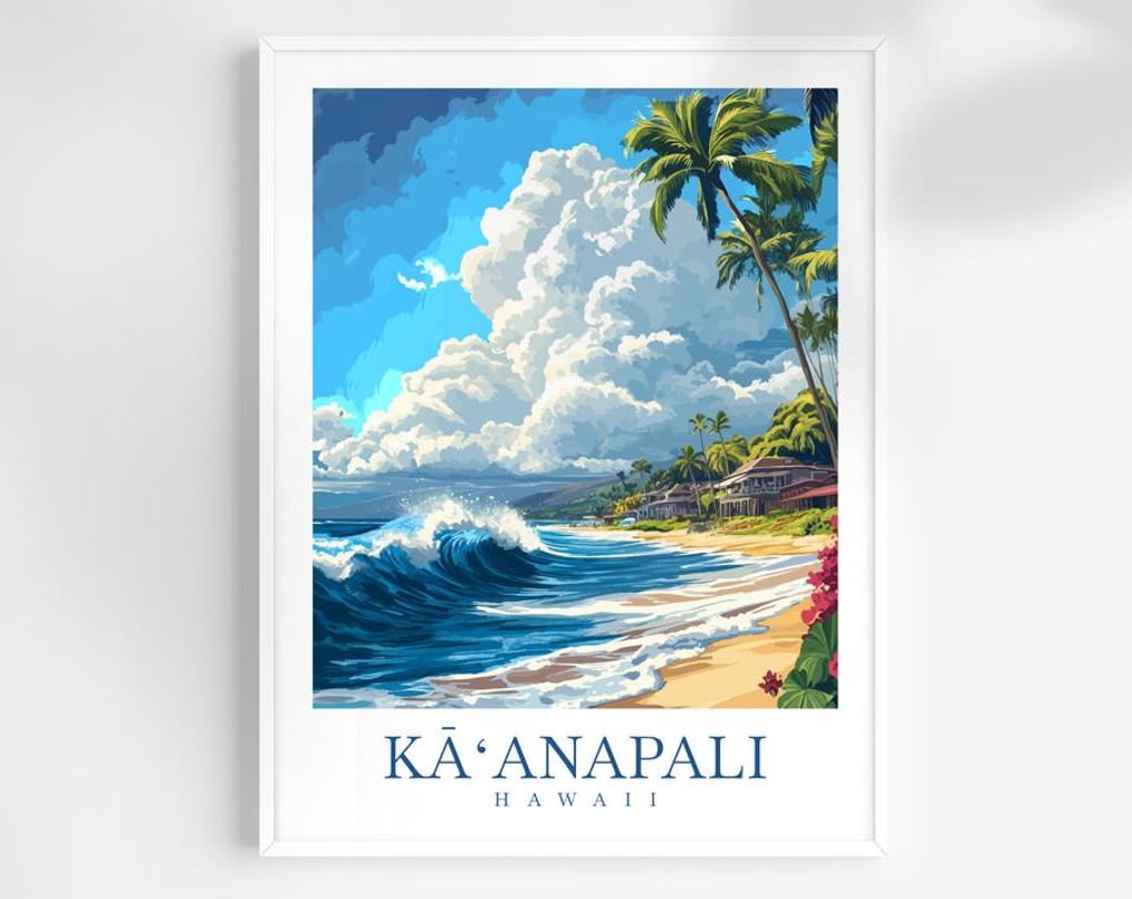 Kaanapali Hawaii Travel Print Wall Art – Illustrated Beach & Ocean ...