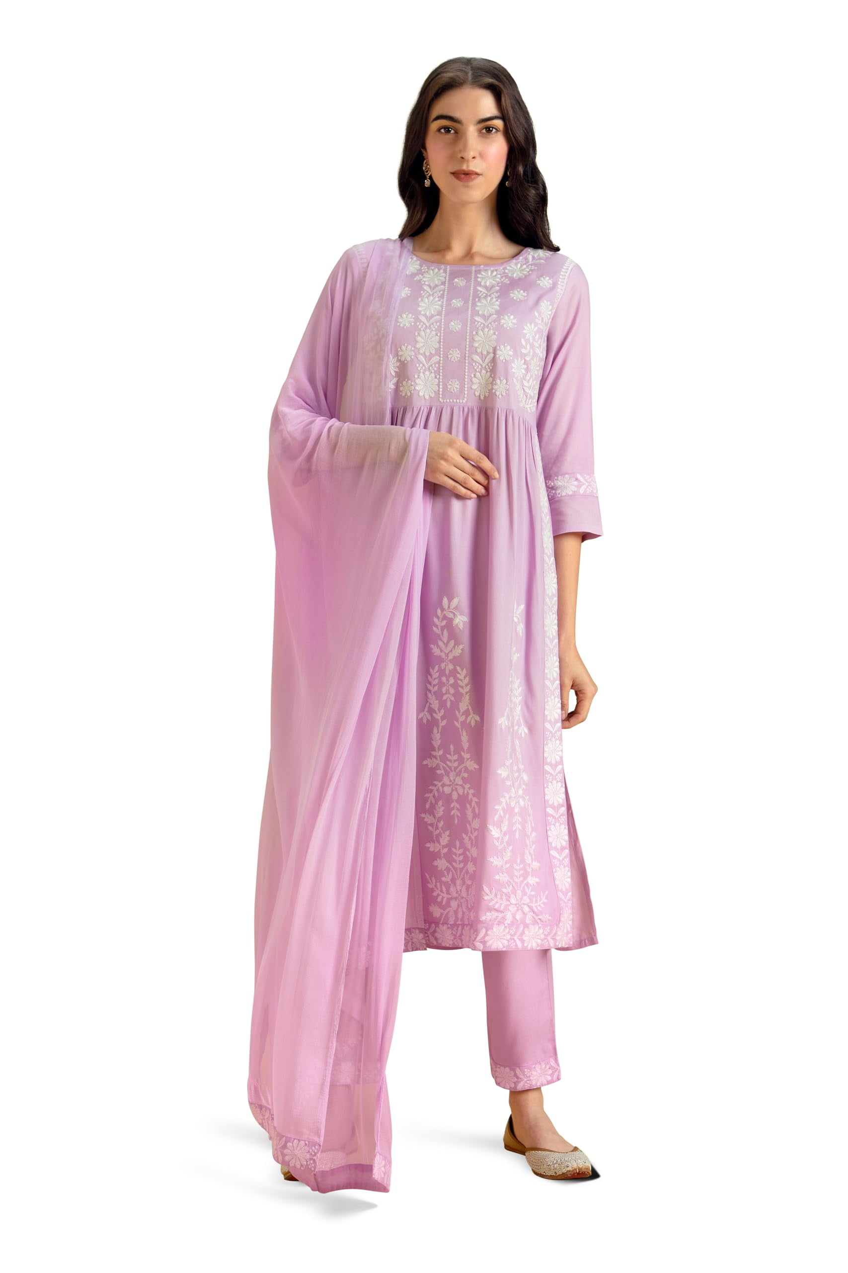 Kaari Women'S Chikankari Kurta Set With Dupatta - A-Line Fit | Chiffon ...